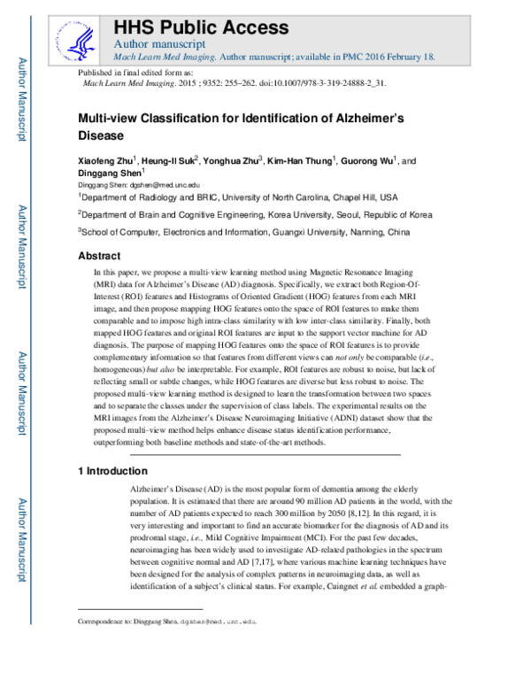 (PDF) Multi-view Classification for Identification of Alzheimer’s Disease