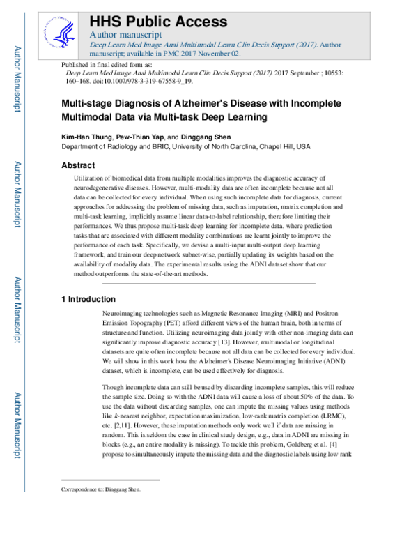 (PDF) Multi-stage Diagnosis of Alzheimer’s Disease with Incomplete Multimodal Data via Multi ...