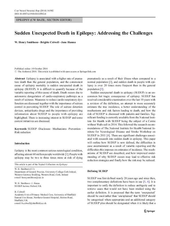 (PDF) Addressing SUDEP Challenges in Epilepsy Mortality Reduction