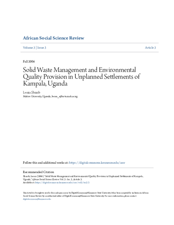 (PDF) Solid Waste Management and Environmental Quality Provision in ...