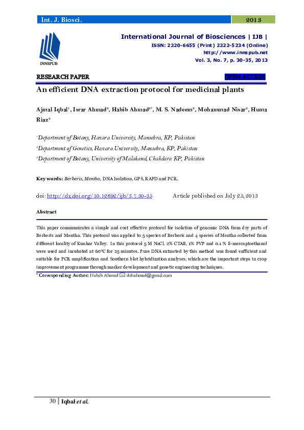 (PDF) An efficient DNA extraction protocol for medicinal plants