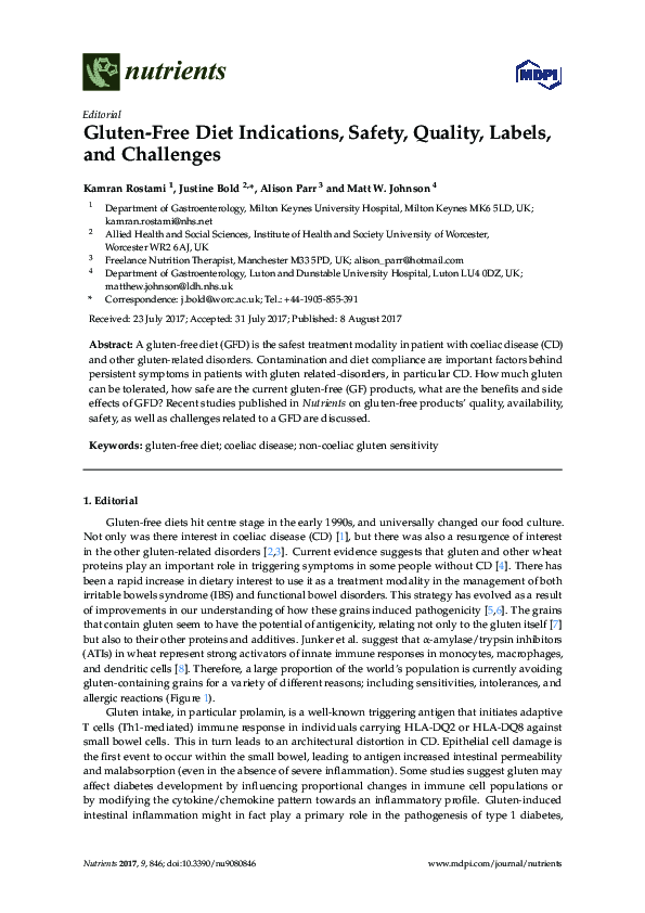 (PDF) Gluten-Free Diet Indications, Safety, Quality, Labels, and Challenges