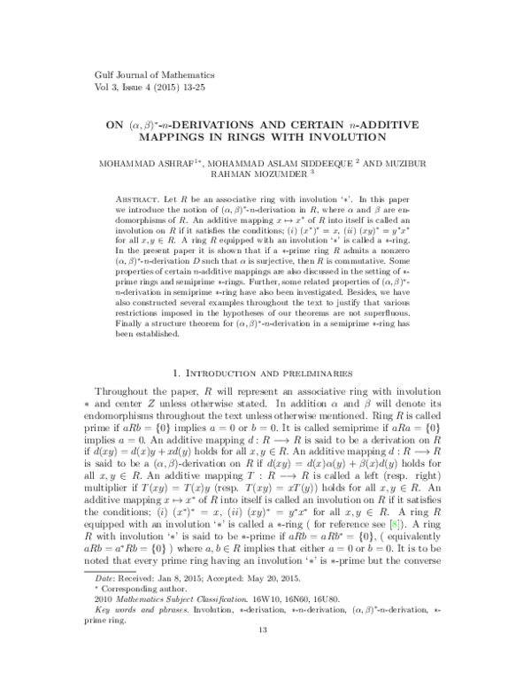 (PDF) On (alpha, beta)-n-derivations and certain n-additive mappings in ...