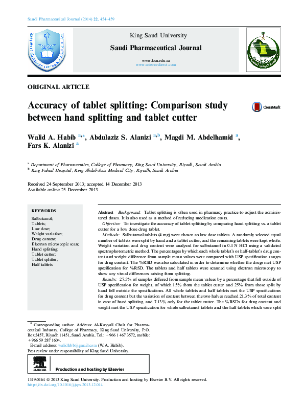 (PDF) Accuracy of tablet splitting: Comparison study between hand ... (PDF) Accuracy of tablet splitting: Comparison study between hand ...
