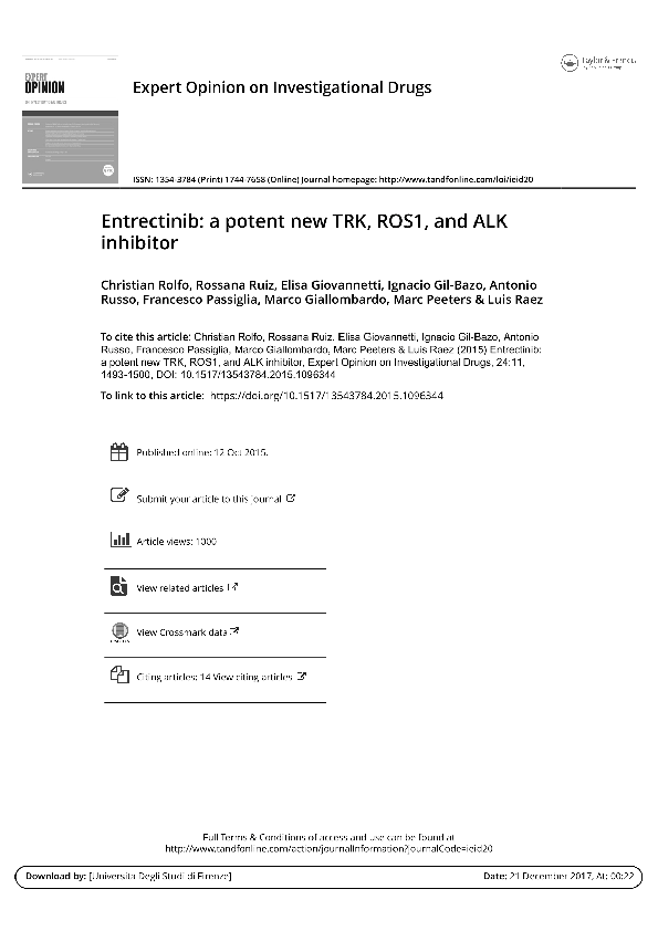 (PDF) Entrectinib: a potent new TRK, ROS1, and ALK inhibitor