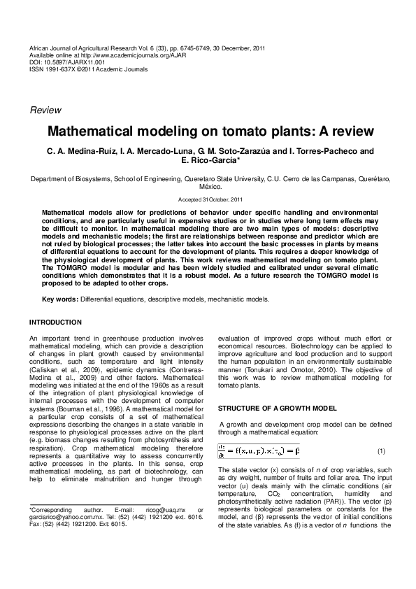 (PDF) Mathematical modeling on tomato plants: A review