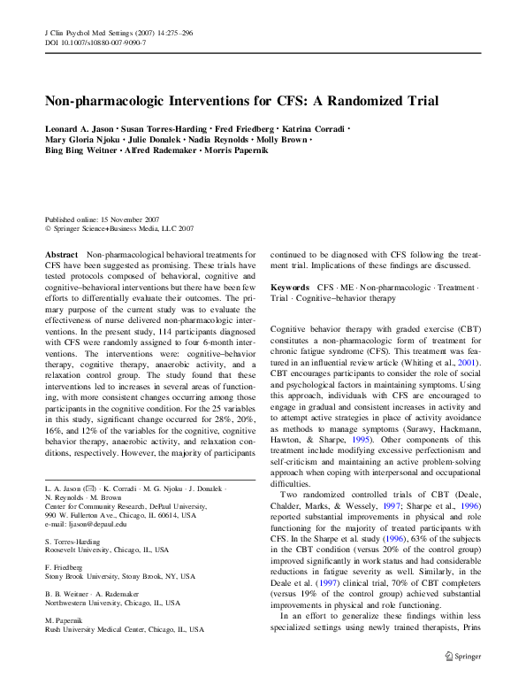(PDF) Non-pharmacologic Interventions for CFS: A Randomized Trial