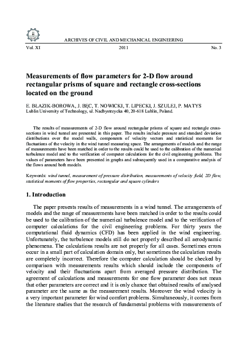 Pdf Measurements Of Flow Parameters For 2 D Flow Around Rectangular