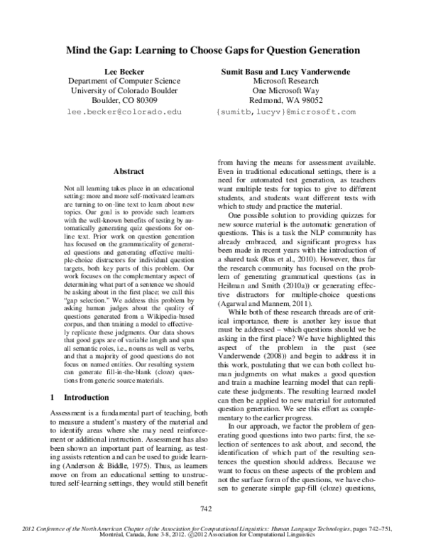 (PDF) Mind the Gap: Learning to Choose Gaps for Question Generation