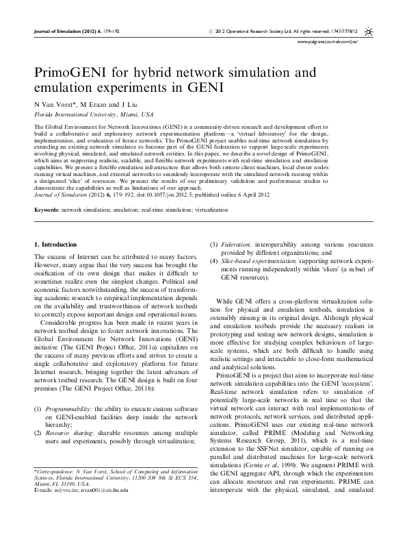 (PDF) PrimoGENI for hybrid network simulation and emulation experiments ...