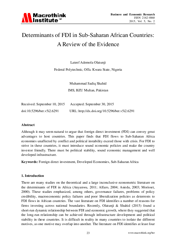 (PDF) Determinants of FDI in Sub-Saharan African Countries: A Review of ...