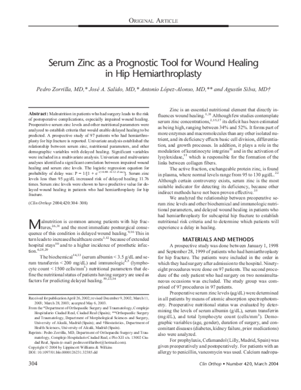 (PDF) Serum Zinc as a Prognostic Tool for Wound Healing in Hip ...