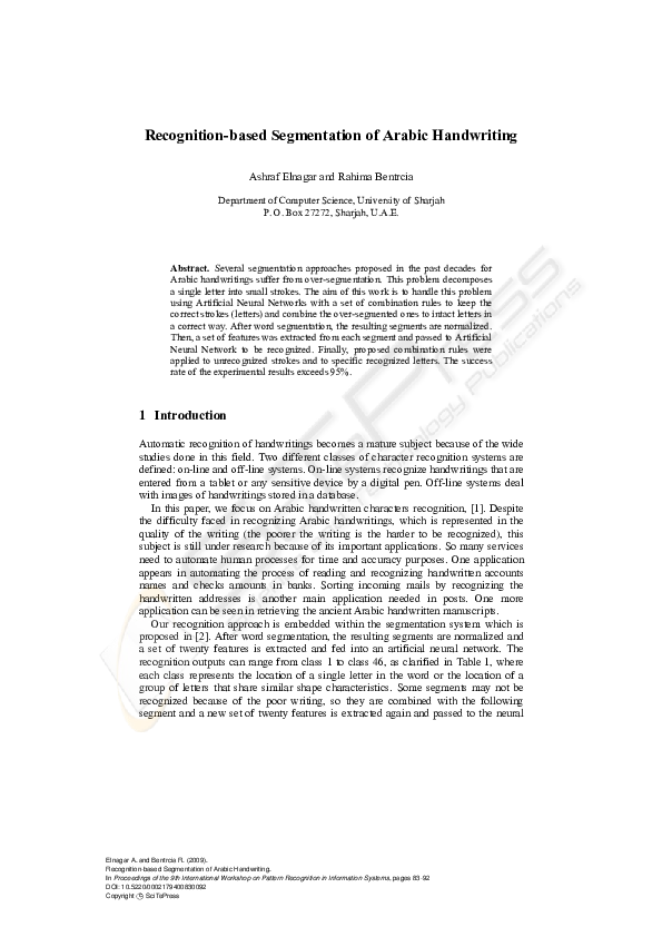 Pdf Recognition Based Segmentation Of Arabic Handwriting