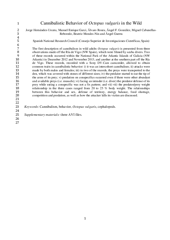 (PDF) Cannibalistic behavior of octopus (Octopus vulgaris) in the wild