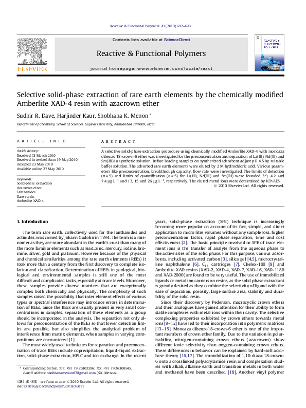 (PDF) Selective solid-phase extraction of rare earth elements by the chemically modified ...