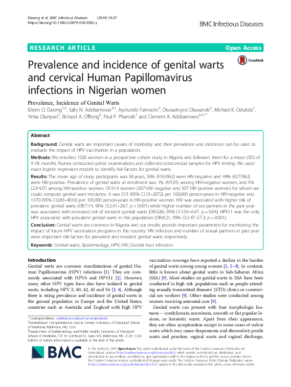 Pdf Prevalence And Incidence Of Genital Warts And Cervical Human