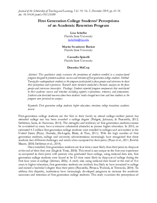 (PDF) First Generation College Students’ Perceptions of an Academic ...