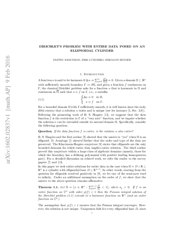 (PDF) Dirichlet’s Problem with Entire Data Posed on an Ellipsoidal Cylinder