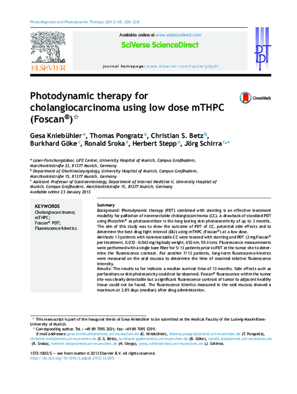 (PDF) Photodynamic therapy for cholangiocarcinoma using low dose mTHPC ...