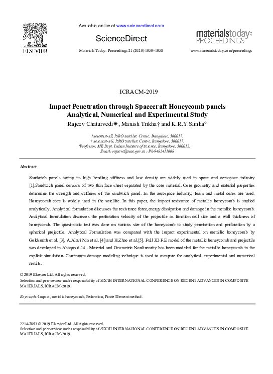 Pdf Impact Penetration Through Spacecraft Honeycomb Panels Analytical Numerical And