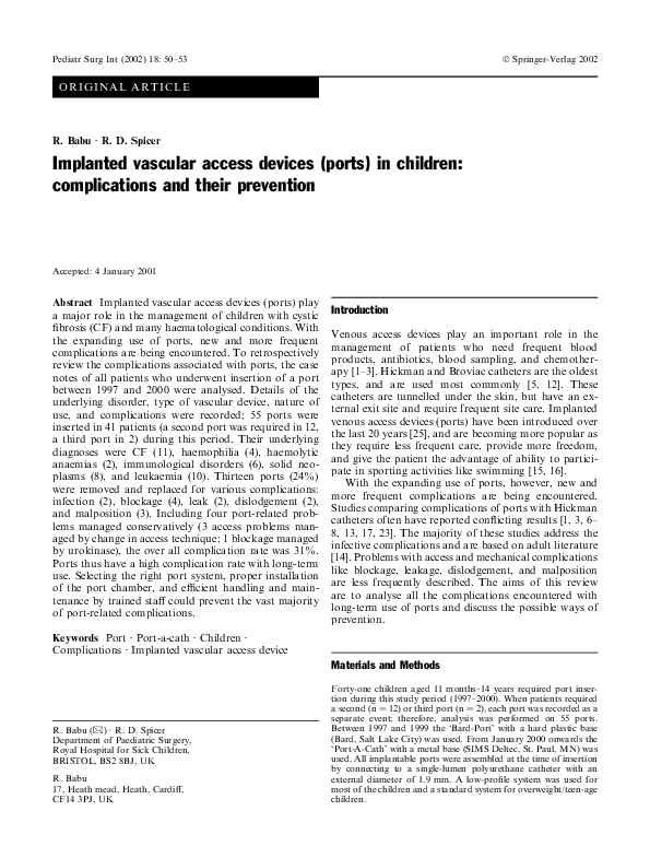 (PDF) Implanted vascular access devices (ports) in children ...