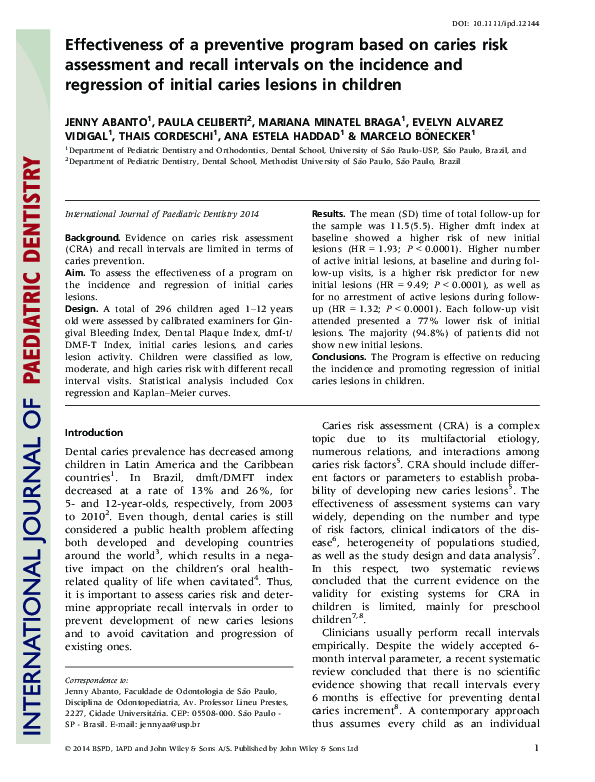(PDF) Effectiveness of a preventive program based on caries risk assessment and recall intervals ...