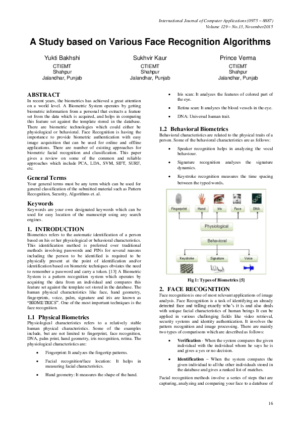(PDF) A Study based on Various Face Recognition Algorithms