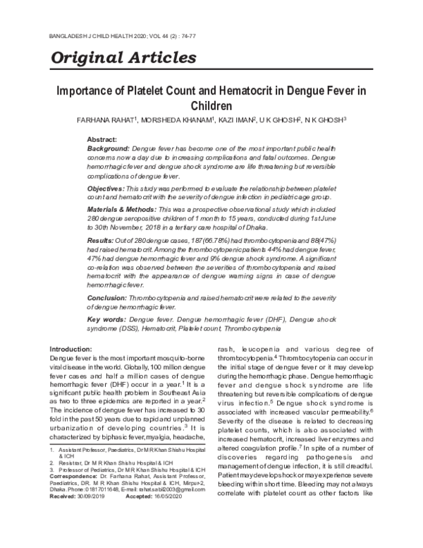 (PDF) Importance of Platelet Count and Hematocrit in Dengue Fever in ...