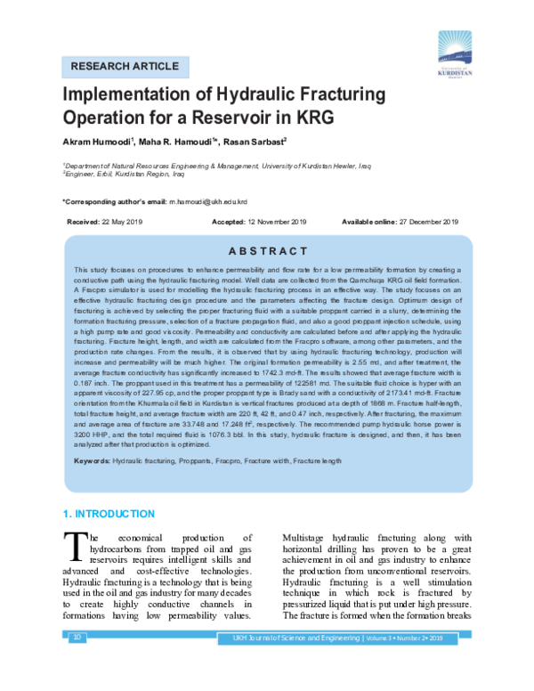 (PDF) Implementation of Hydraulic Fracturing Operation for a Reservoir in KRG