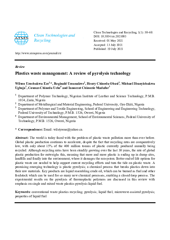 (PDF) Plastics waste management: A review of pyrolysis technology