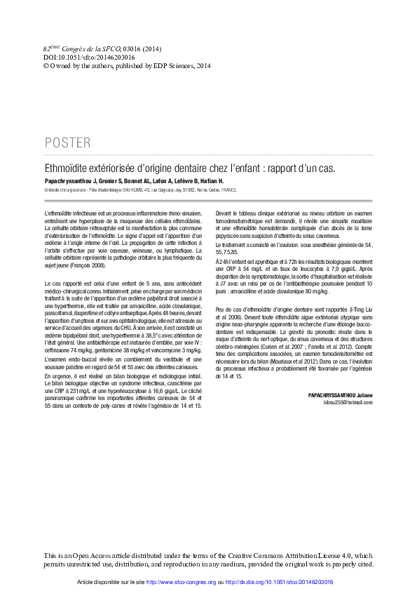 (PDF) Ethmoïdite extériorisée d’origine dentaire chez l’enfant ...