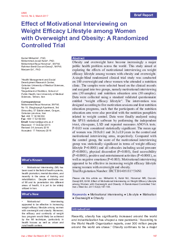 (PDF) Effect of Motivational Interviewing on Weight Efficacy Lifestyle ...