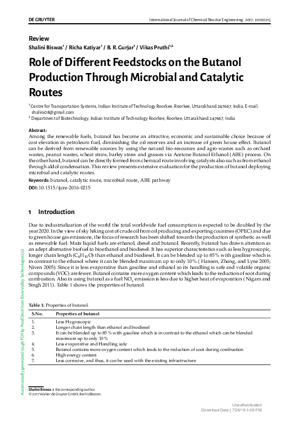 (PDF) Role of Different Feedstocks on the Butanol Production Through ...