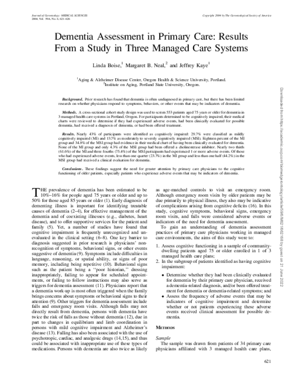 (PDF) Dementia Assessment in Primary Care: Results From a Study in ...