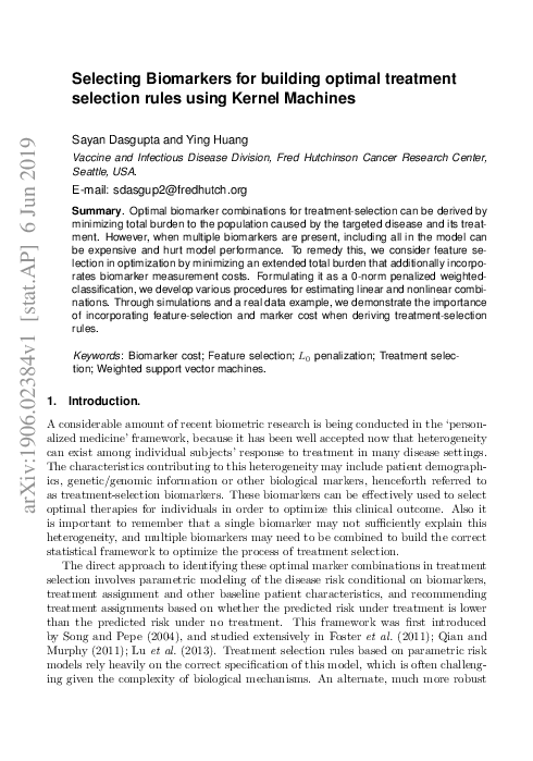 (PDF) Selecting biomarkers for building optimal treatment selection rules by using kernel machines