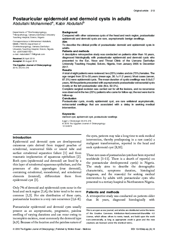 (PDF) Postauricular epidermoid and dermoid cysts in adults