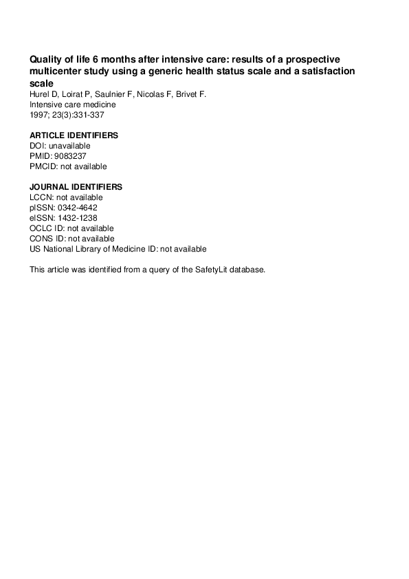 (PDF) Quality of life 6 months after intensive care: results of a ...