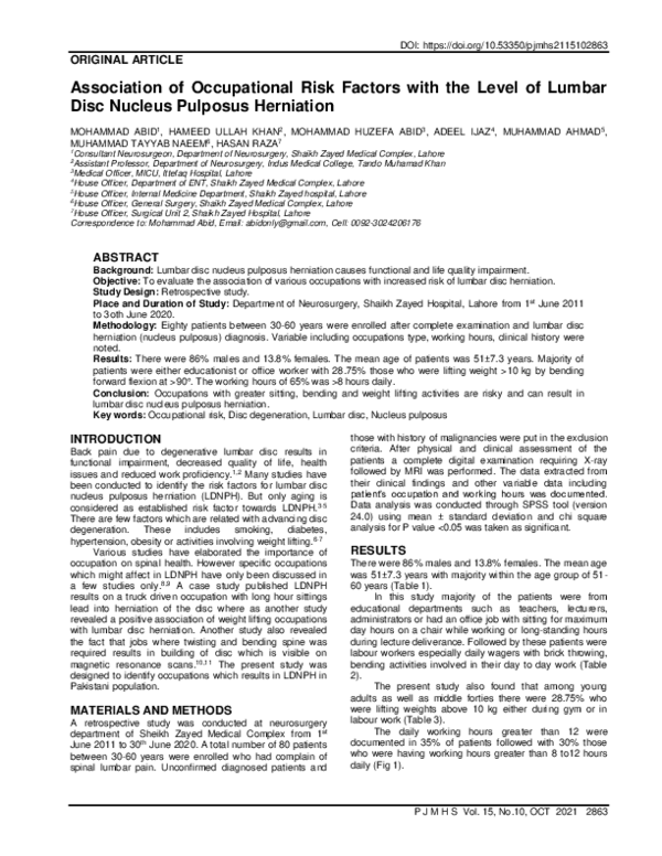 (PDF) Association of Occupational Risk Factors with the Level of Lumbar ...
