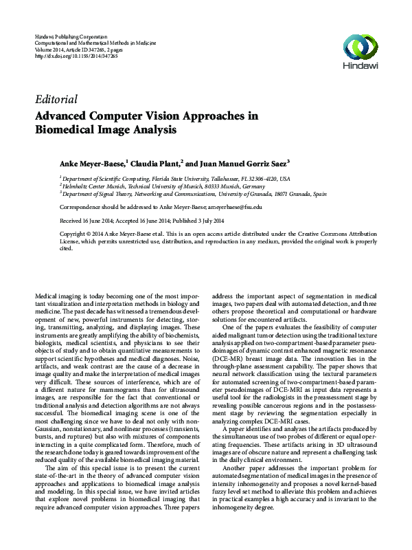 (PDF) Advanced computer vision approaches in biomedical image analysis