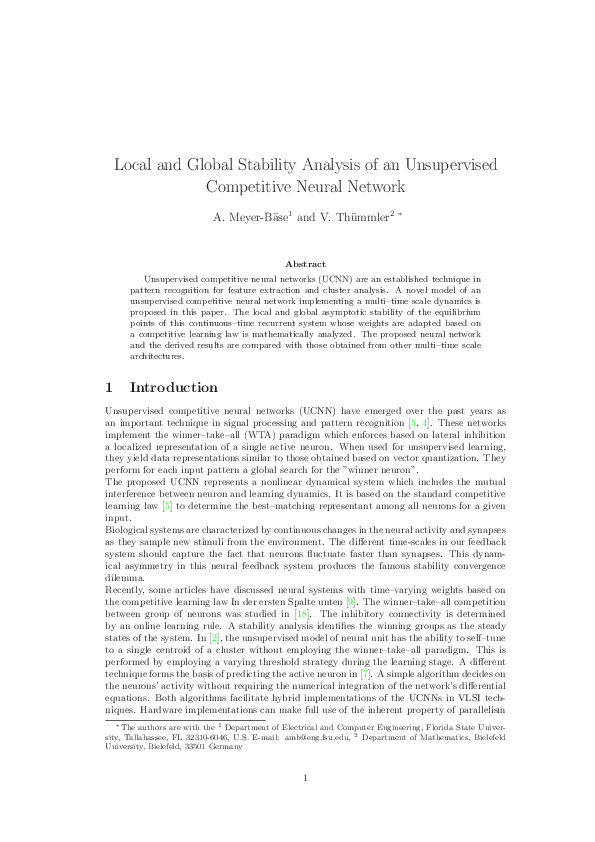 (PDF) Local and Global Stability Analysis of an Unsupervised Competitive Neural Network