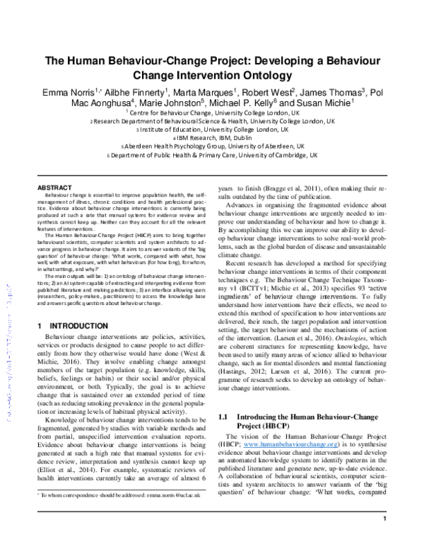 (PDF) The Human Behaviour-Change Project: Developing a Behaviour Change Intervention Ontology