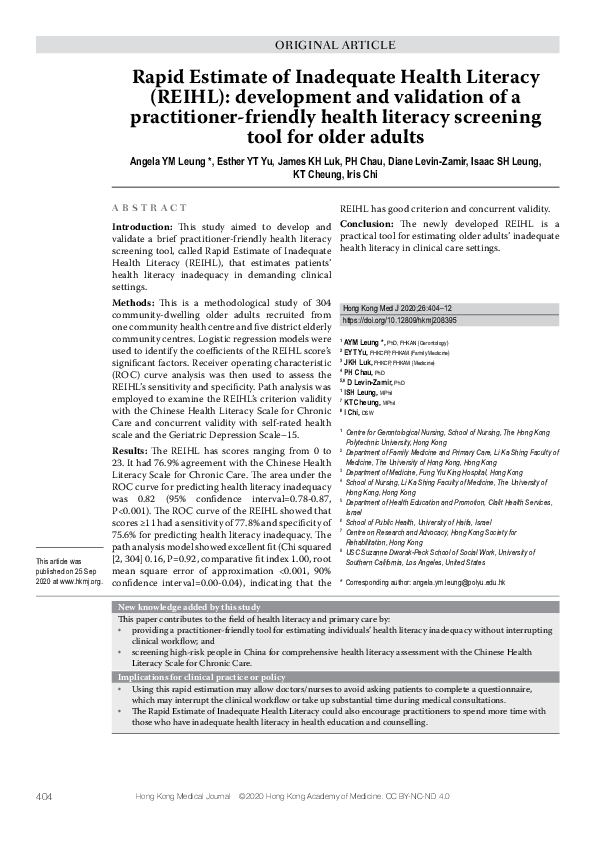 (PDF) Risk Estimate of Inadequate Health Literacy (REIHL): development ...