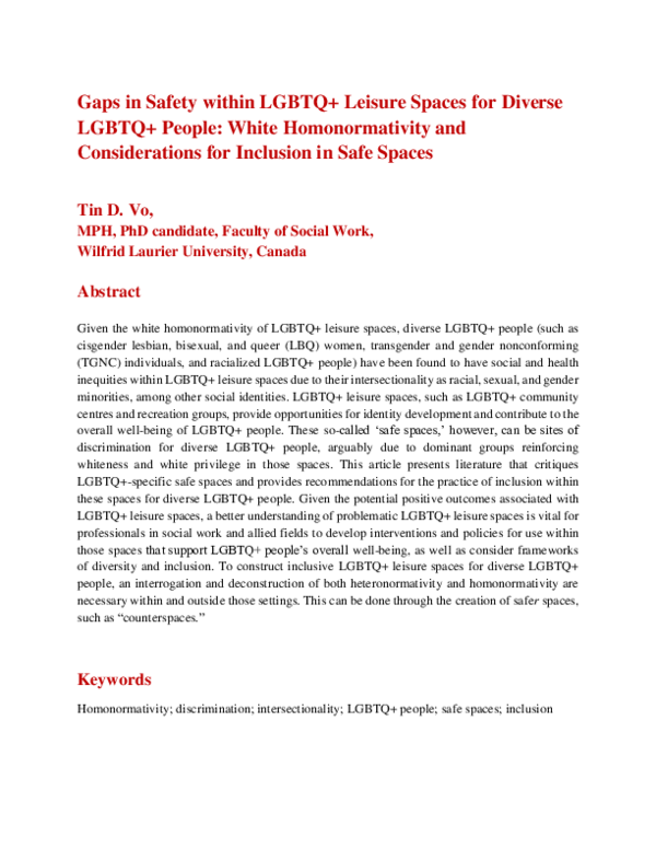 (PDF) Gaps in Safety within LGBTQ+ Leisure Spaces for Diverse LGBTQ+ ...
