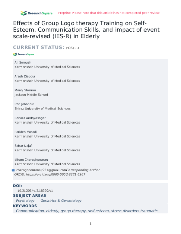 (PDF) Effects of Group Logo therapy Training on Self-Esteem ...