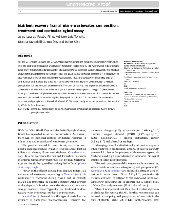 (PDF) Nutrient recovery from airplane wastewater: composition ...