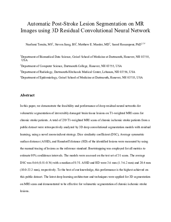Pdf Automatic Post Stroke Lesion Segmentation On Mr Images Using 3d Residual Convolutional