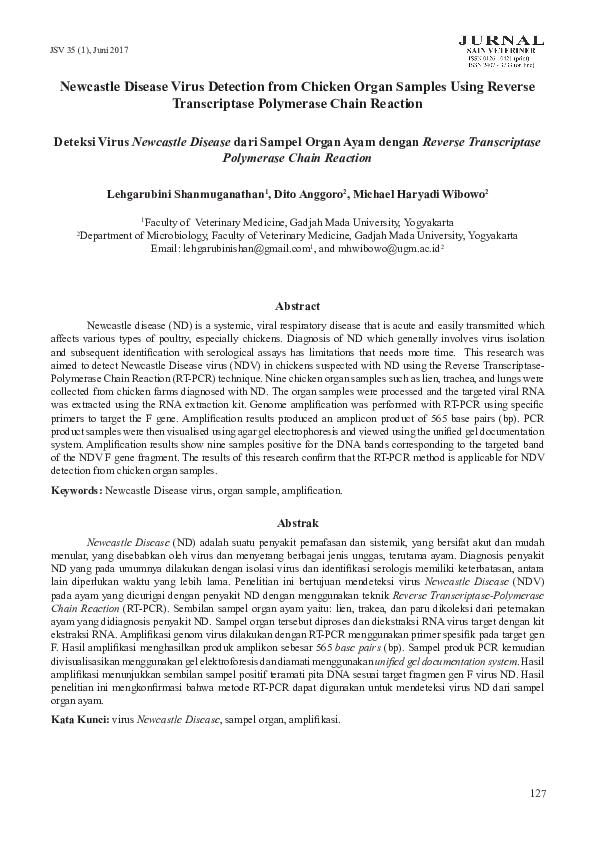 (PDF) Newcastle Disease Virus Detection from Chicken Organ Samples Using Reverse Transcriptase ...