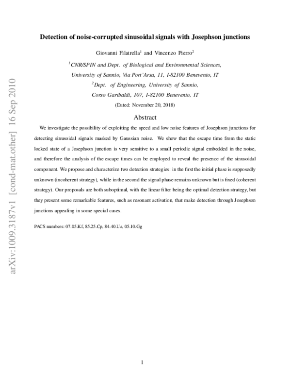 Pdf Detection Of Noise Corrupted Sinusoidal Signals With Josephson Junctions