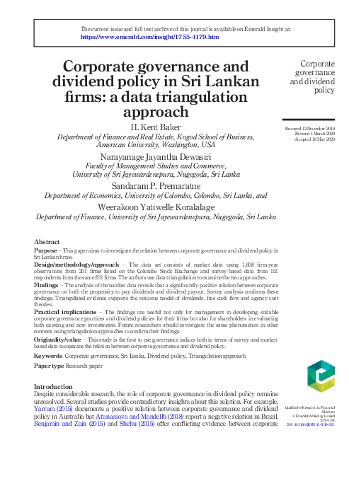 (PDF) Corporate governance and dividend policy in Sri Lankan firms: a ...