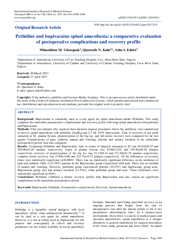 (PDF) Pethidine and bupivacaine spinal anaesthesia: a comparative ...